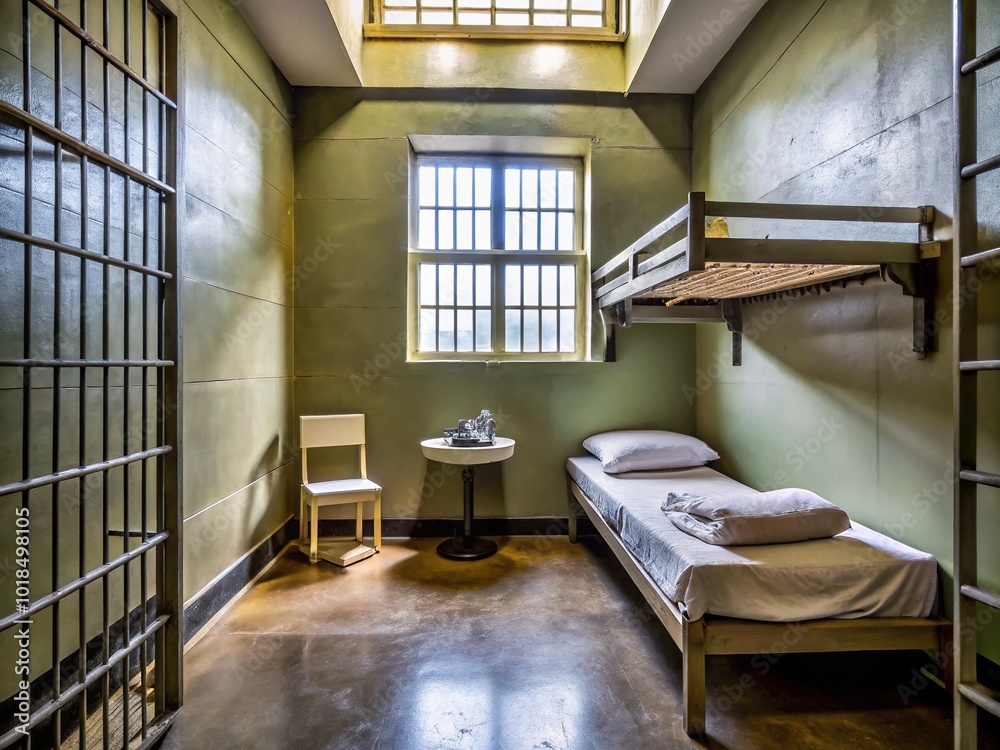 A cramped prison cell with horizontal bars on the window, wooden bunks ...