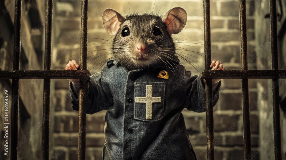 Funny rat dressed as a prisoner with a cross on its uniform holding ...