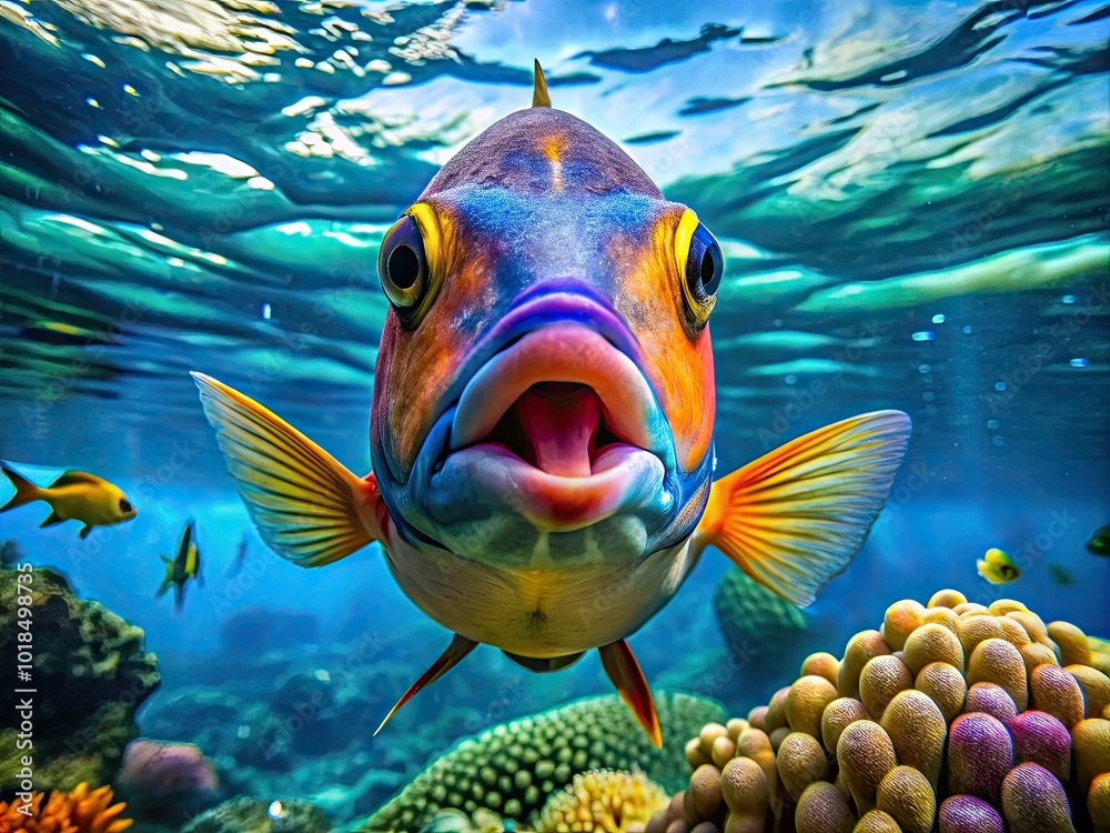 A whimsical fish with a goofy grin zips through sparkling blue waters ...