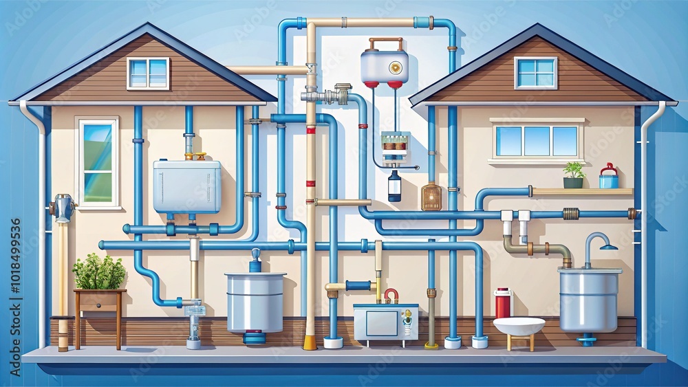 A detailed illustration of a house plumbing system showcases ...