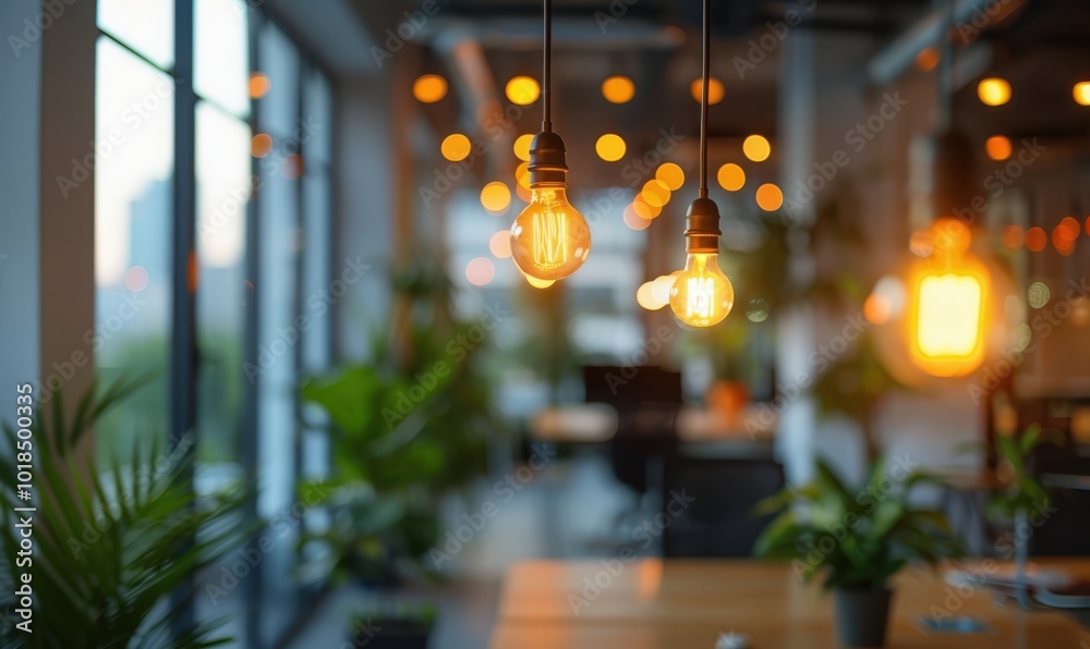 Warm, inviting workspace with soft lighting from hanging bulbs. Modern ...