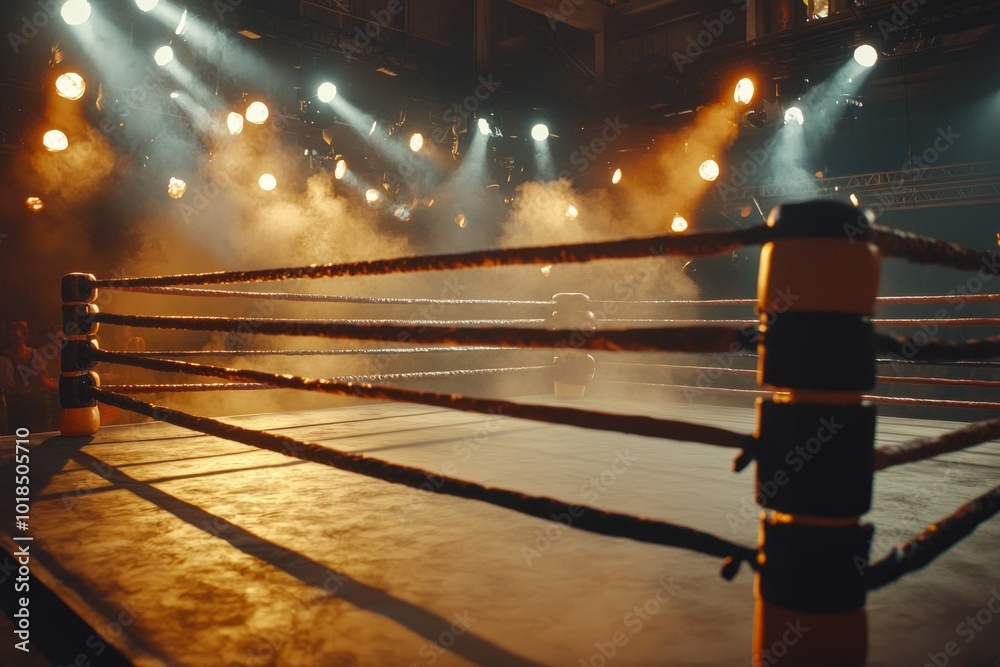 boxing ring stands illuminated by glowing spotlights surrounded by a ...
