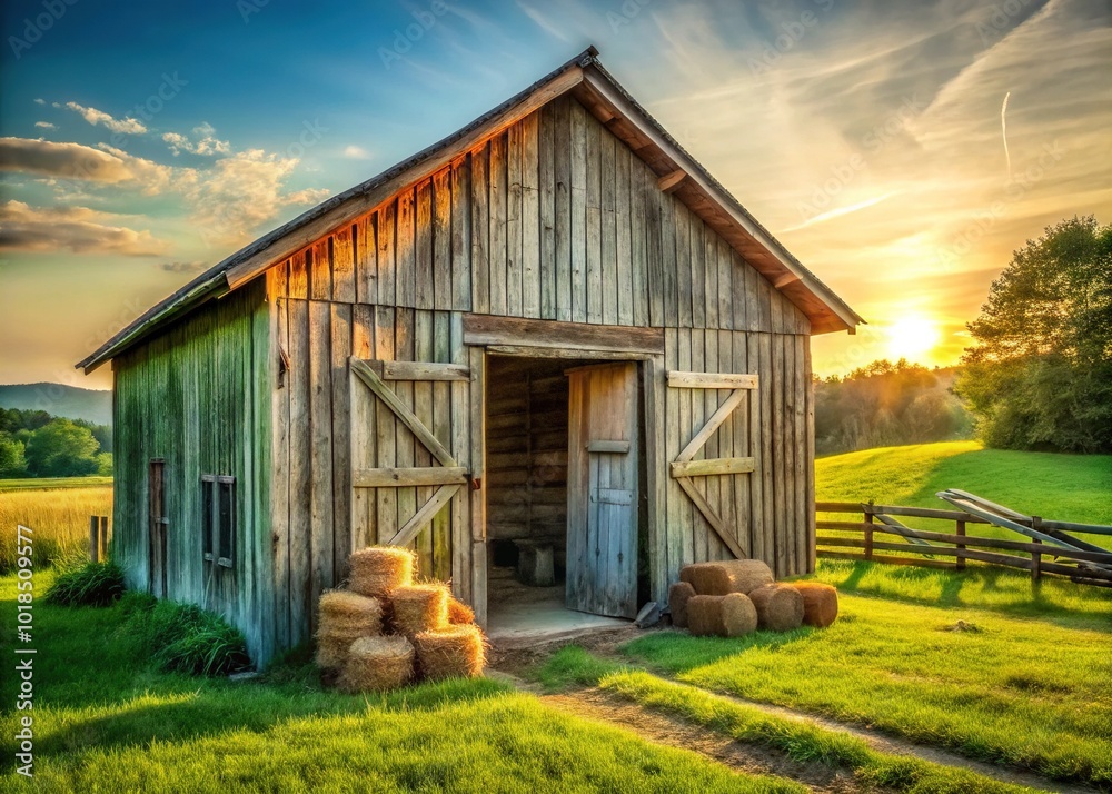 A rustic wooden livery stable stands in a verdant meadow, its worn door ...
