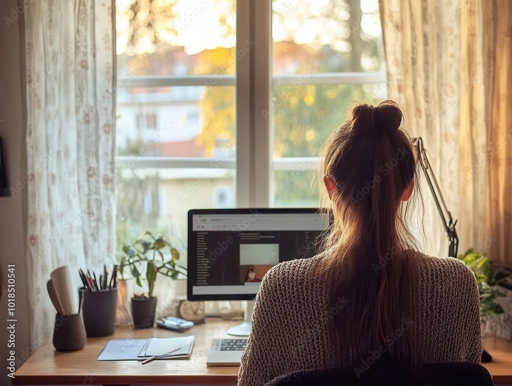 remote work scene, woman's back view at desk, video call interface ...