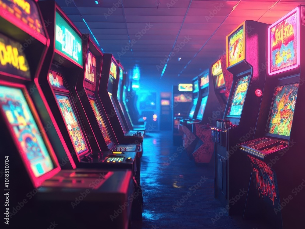 retro arcade with rows of vintage game cabinets bathed in neon lights. pixelated characters and ...