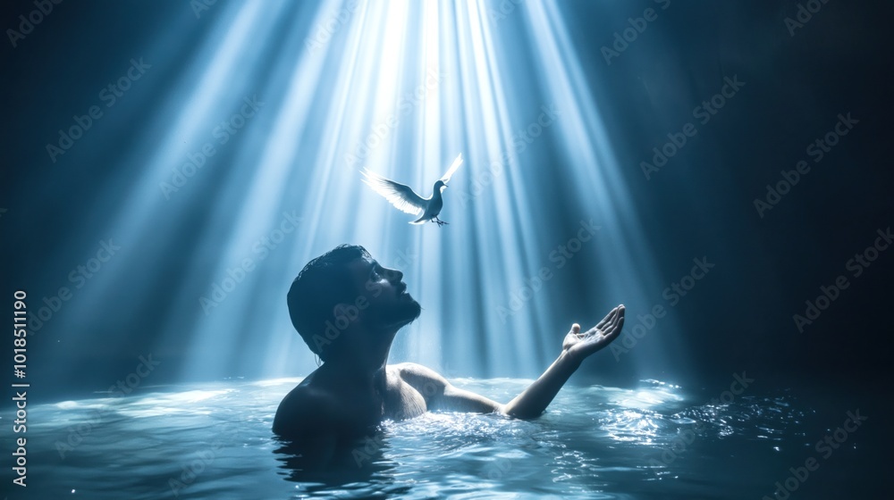 Man in river holy Spirit descending like a dove rays of light ...