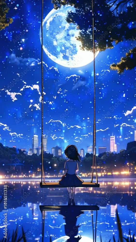 An anime girl rooftop high-rise building, vast starry sky. moonlight ...