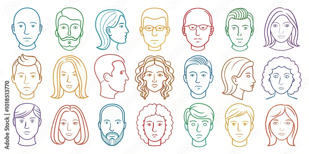 Assortment of various head shape outlines in different styles, sizes ...