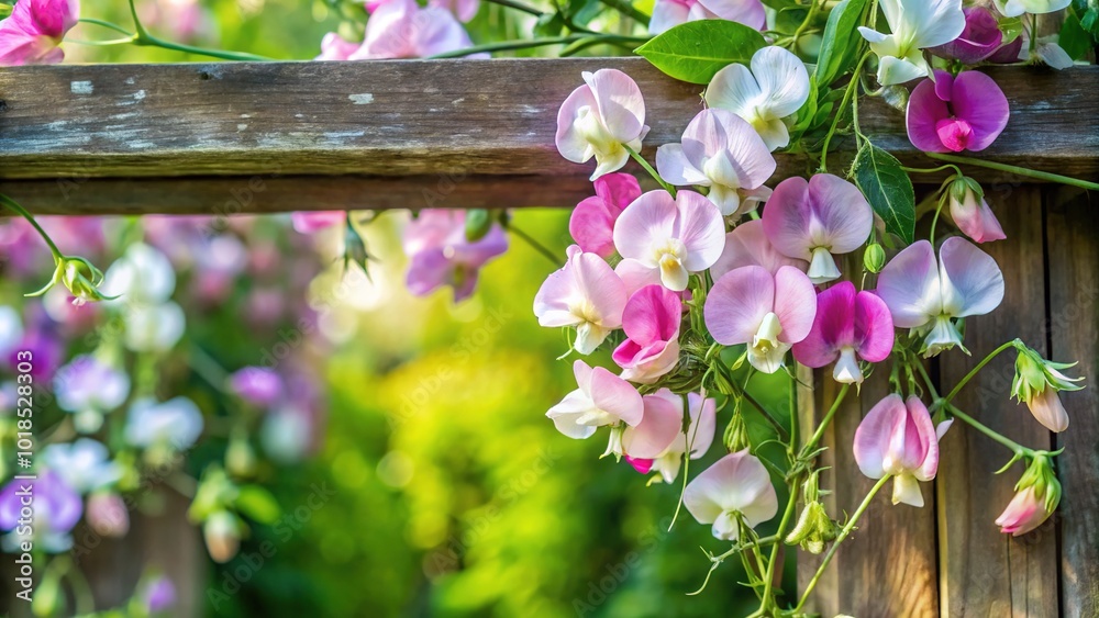 Delicate, pastel-hued sweet pea flowers cascade down a rustic, wooden ...