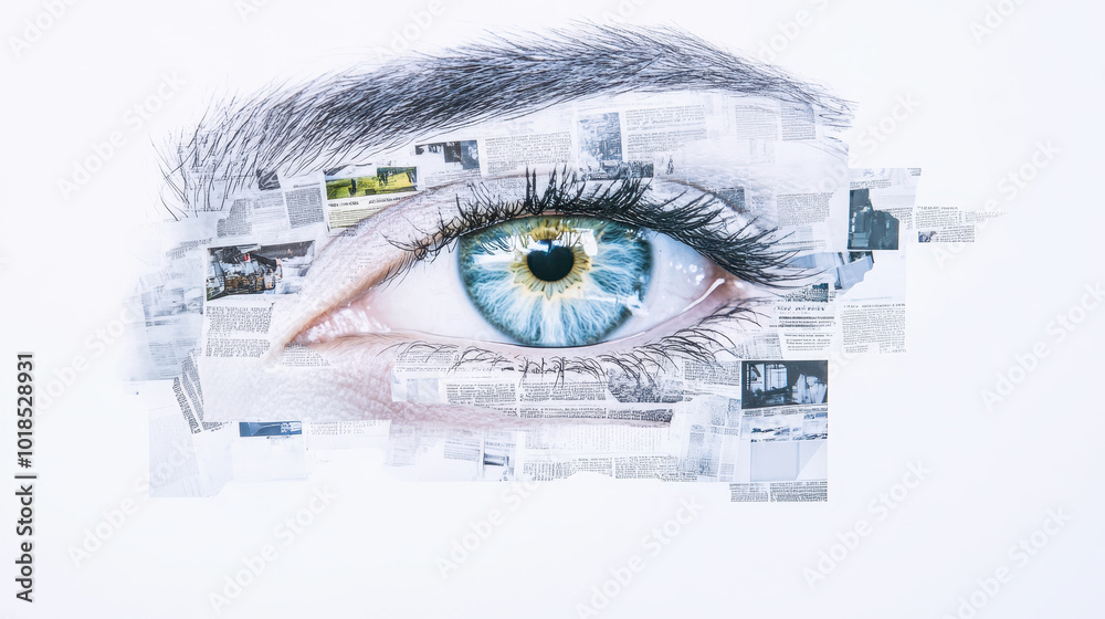 Surreal collage of a blue eye with newspaper clippings highlighting ...