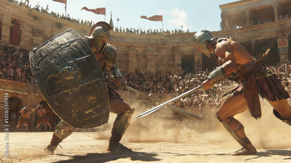 Epic gladiatorial battle in an ancient arena, showcasing the bravery ...