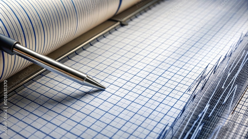 Seismography equipment recording seismic waves on paper, earthquake ...