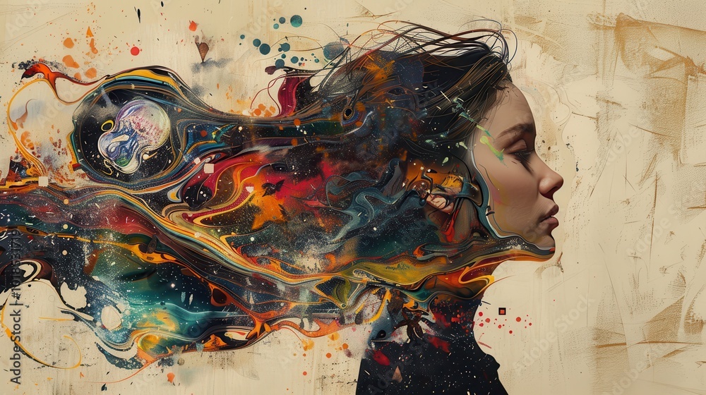 Create a digital collage visualizing the inside of a creative person's ...