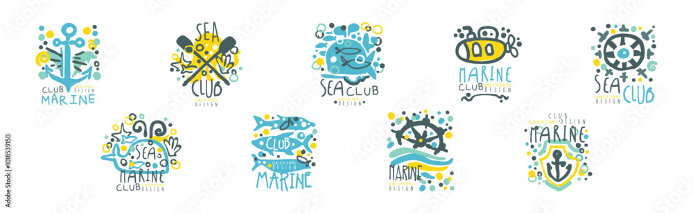Sea and Marine Club Hand Drawn Logo and Label Original Design Vector ...