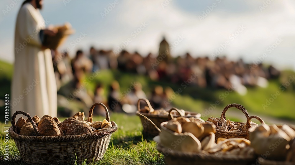 Photo & Art Print Jesus feeding five thousand with baskets of bread and ...