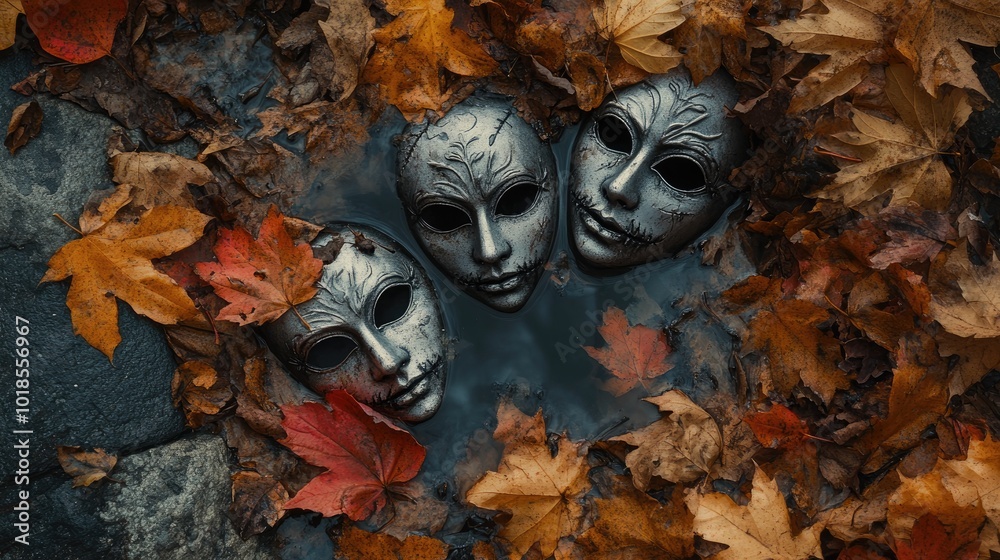 Spooky imagery of Halloween masks and dead leaves around a frightening ...