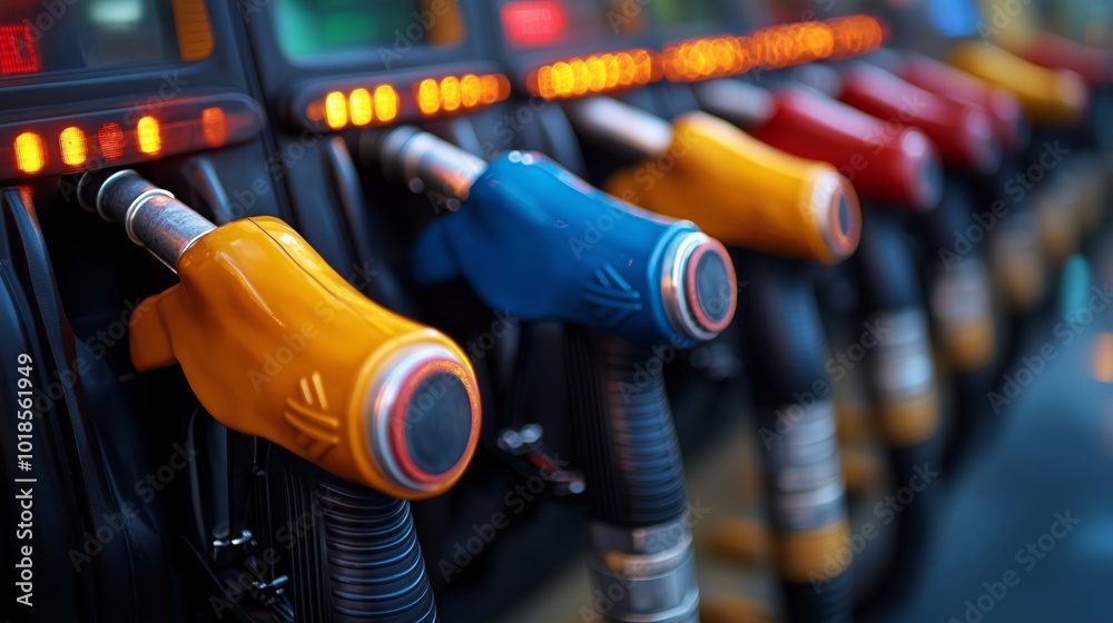 Close-up view of colorful fuel nozzles at a gas station, symbolizing ...