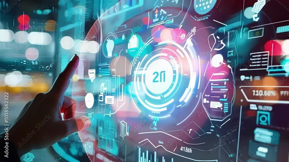 Software developer using a futuristic interface on a transparent screen ...