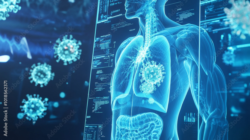 A blue illustration showing a 3D human body undergoing X-ray and MRI ...