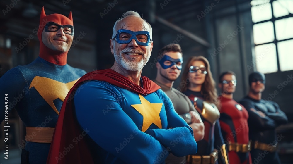 Happy business owner in his late 50s and his large diverse team dressed ...