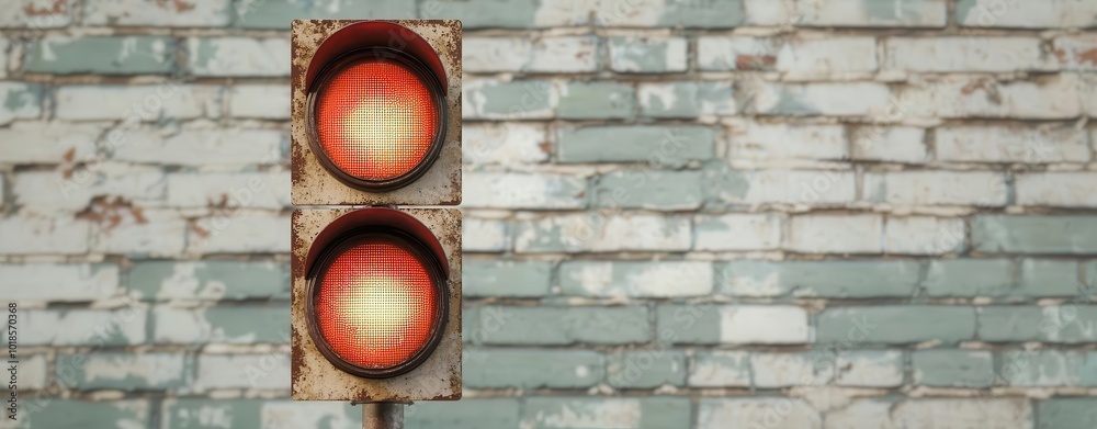 Traffic light on a weathered brick wall background, emphasizing caution ...