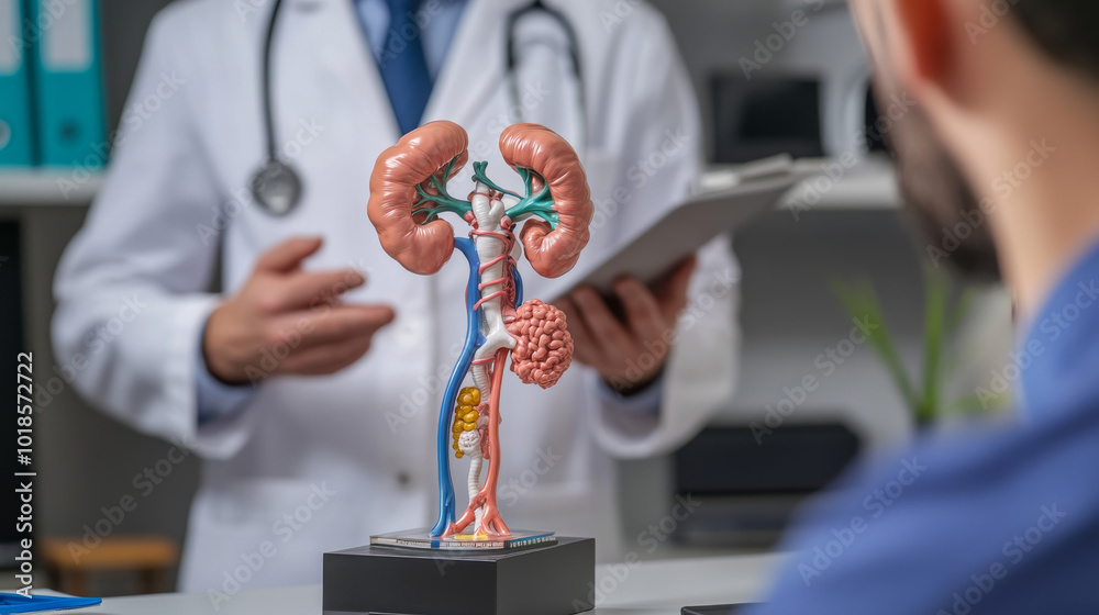 A doctor is examining a model of the male reproductive system during a ...