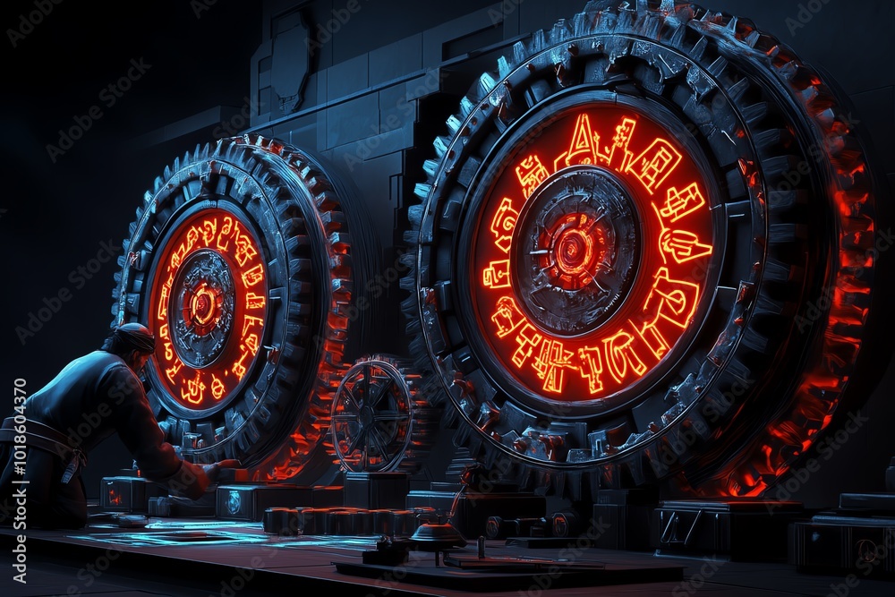 Fantasy depiction of a medieval inventor reverse engineering a magical ...