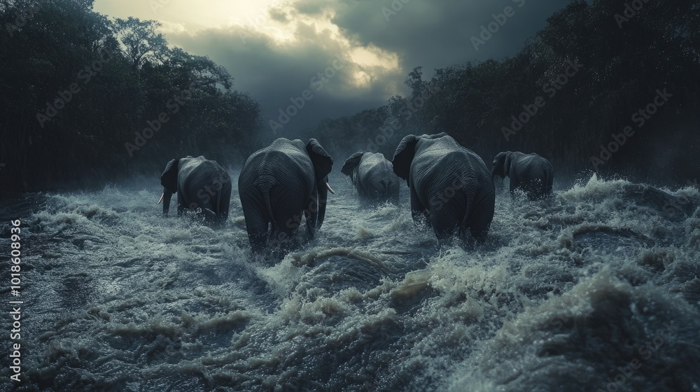 Elephants make their way through rising floodwaters, fleeing the ...