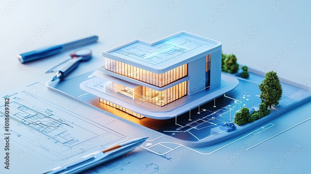 Blueprint of a modern building with precise lines and annotations ...