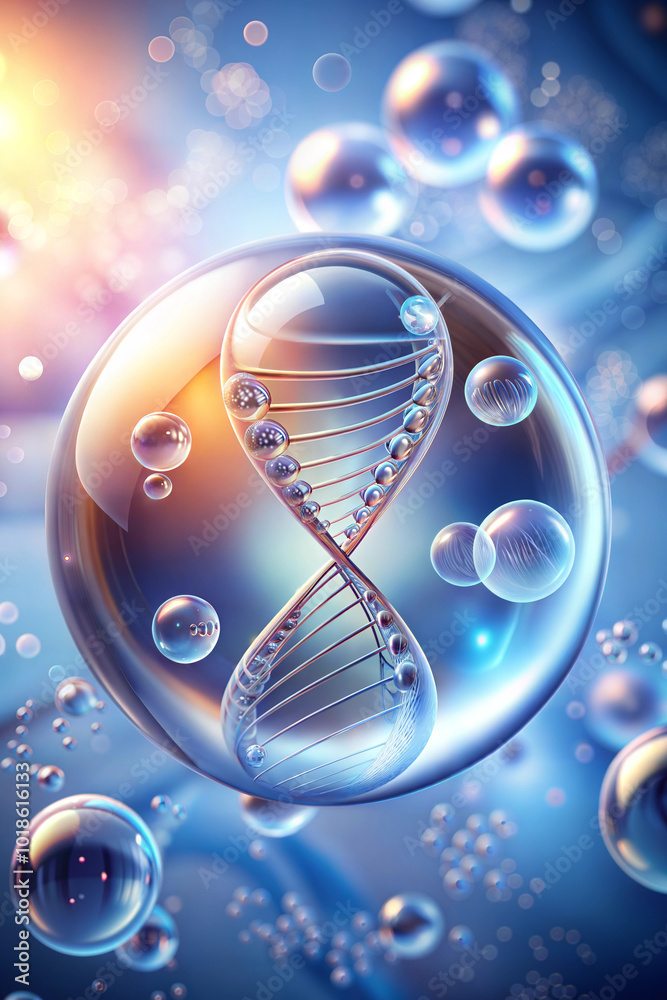 Cosmetic essence in a liquid bubble with molecules inside and DNA ...