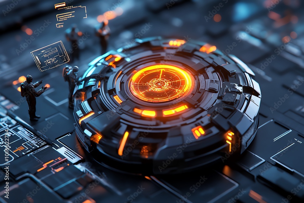 Fantasy scene of a glowing alien device being reverse engineered, with ...