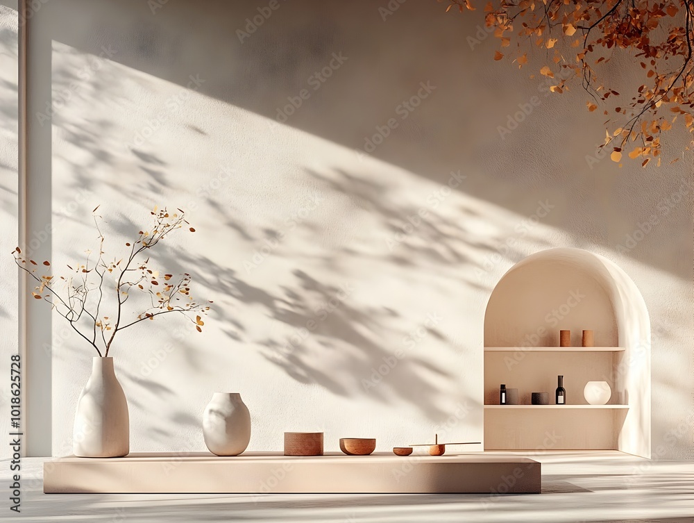 3D studio scene with natural earth toned backdrop minimal furnishings ...