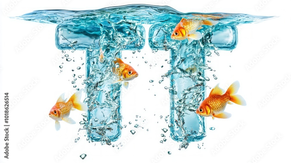 elegant letter T is crafted from glass, filled with clear water and ...