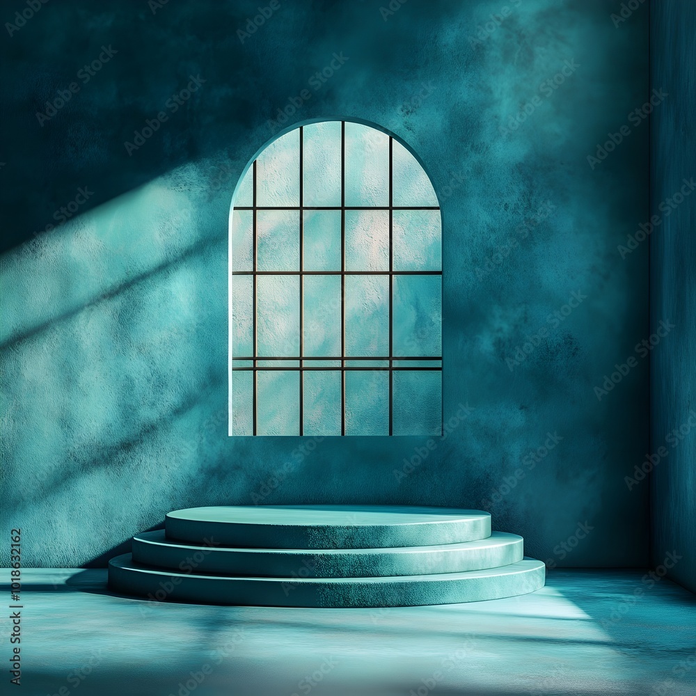 Dramatic 3D product showcase room with rich indigo background bare ...