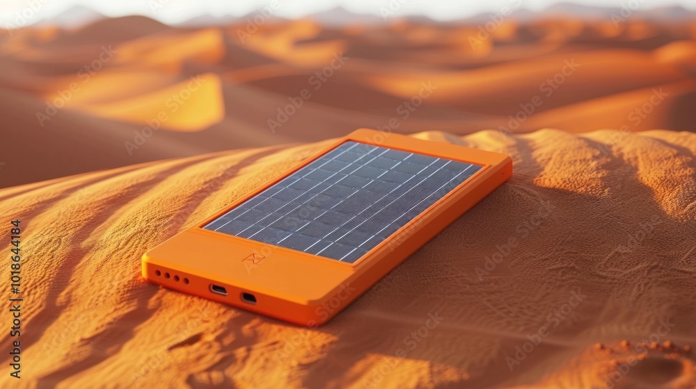 Portable solar powered battery charger device sitting on sand dunes in ...