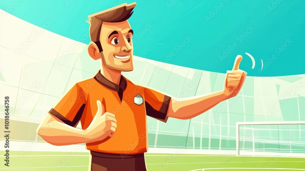 Cartoon-style football coach giving signals, bold shapes and simple ...