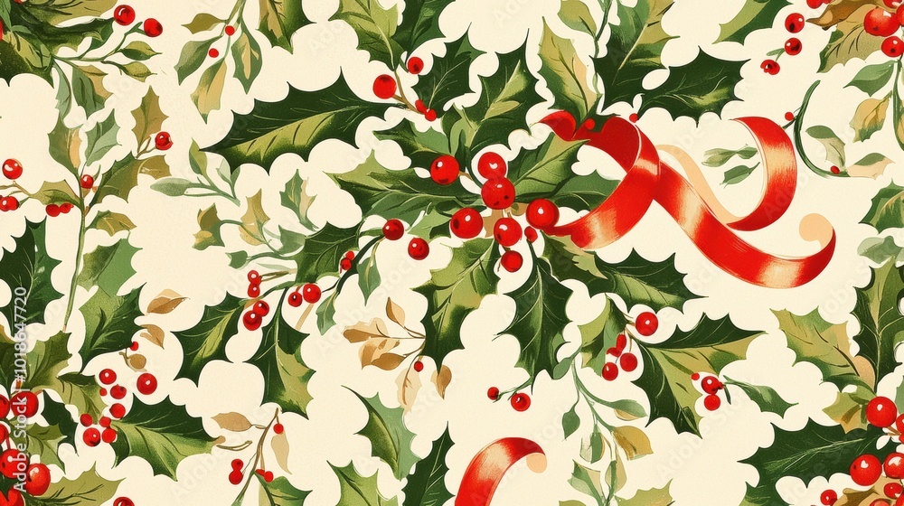 Vintage-inspired seamless Christmas wrapping paper pattern with holly ...