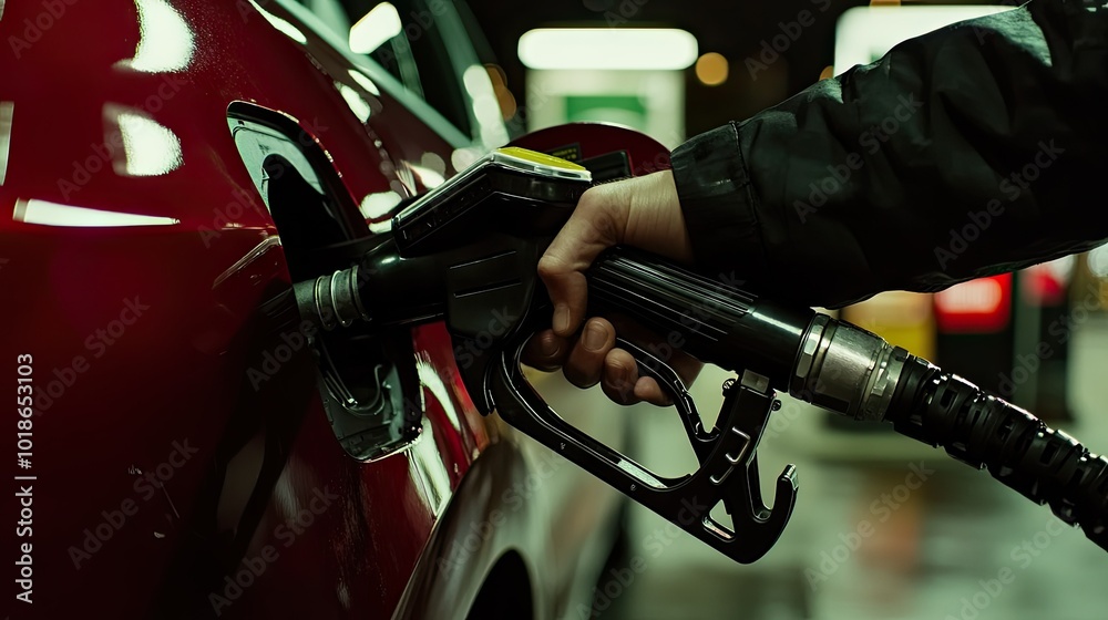 A close-up shot of a hand gripping a petrol gun, poised to refuel a ...
