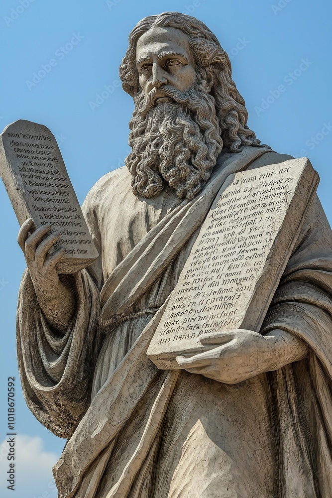 Moses, the biblical prophet of Exodus, stands holding the Ten ...