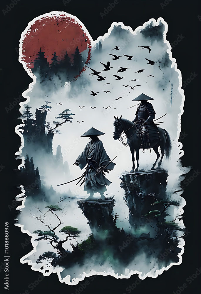 Two samurai warriors, one on horseback and the other standing, amidst a ...