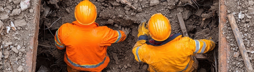 Two workers in bright orange safety gear excavate a trench, focused on ...