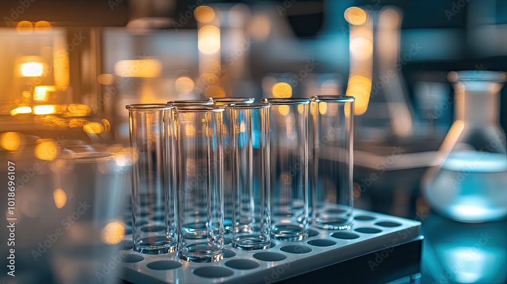 Empty glass test tubes placed in a rack, with beakers and pipettes in ...