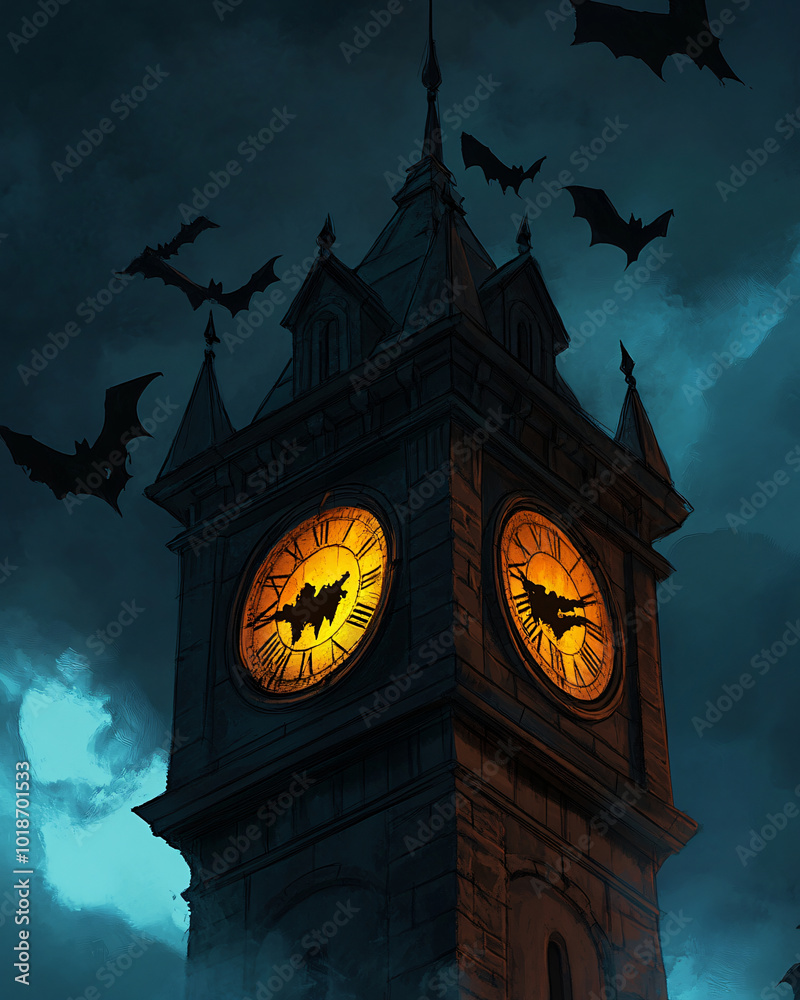 Halloween Haunted Clock Tower": A tall, ancient clock tower with bats ...