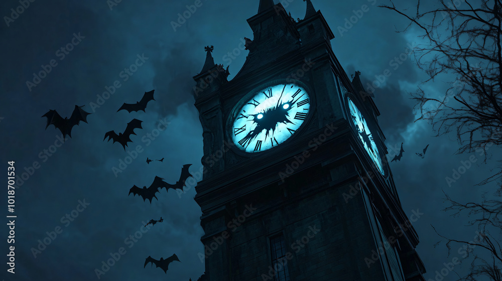 Halloween Haunted Clock Tower": A tall, ancient clock tower with bats ...