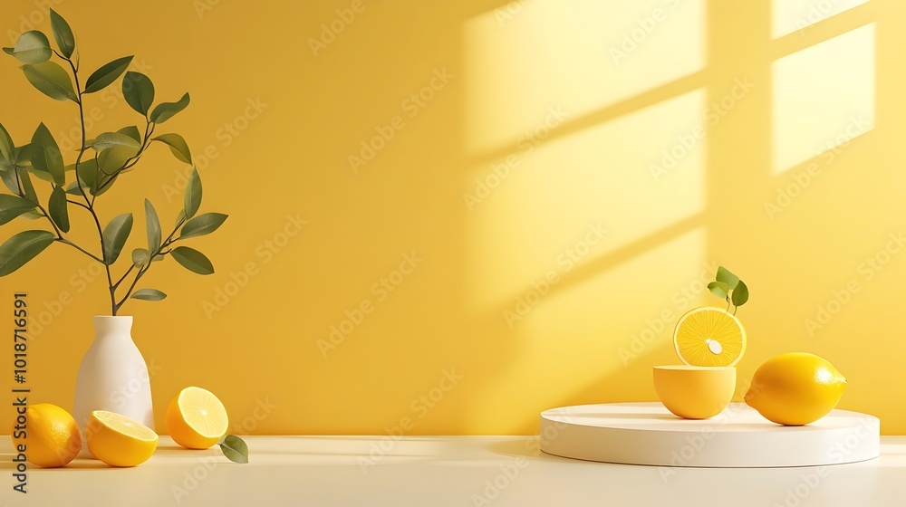 Bright and airy 3D studio room featuring a lemon colored background an ...