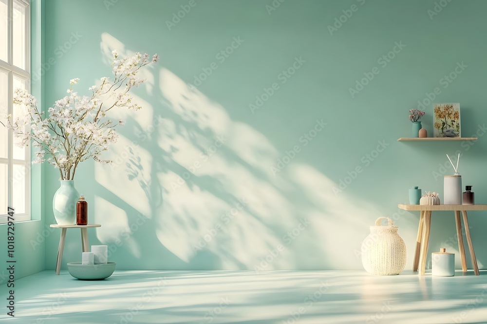 Tranquil mint green 3D studio environment with bare floor wall and ...