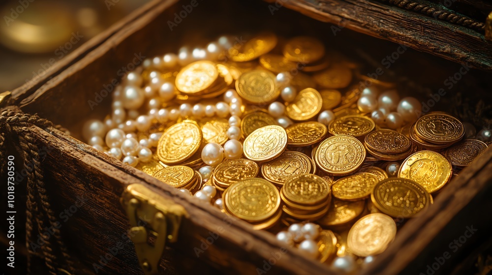 A treasure chest overflowing with shiny gold coins and lustrous pearls ...