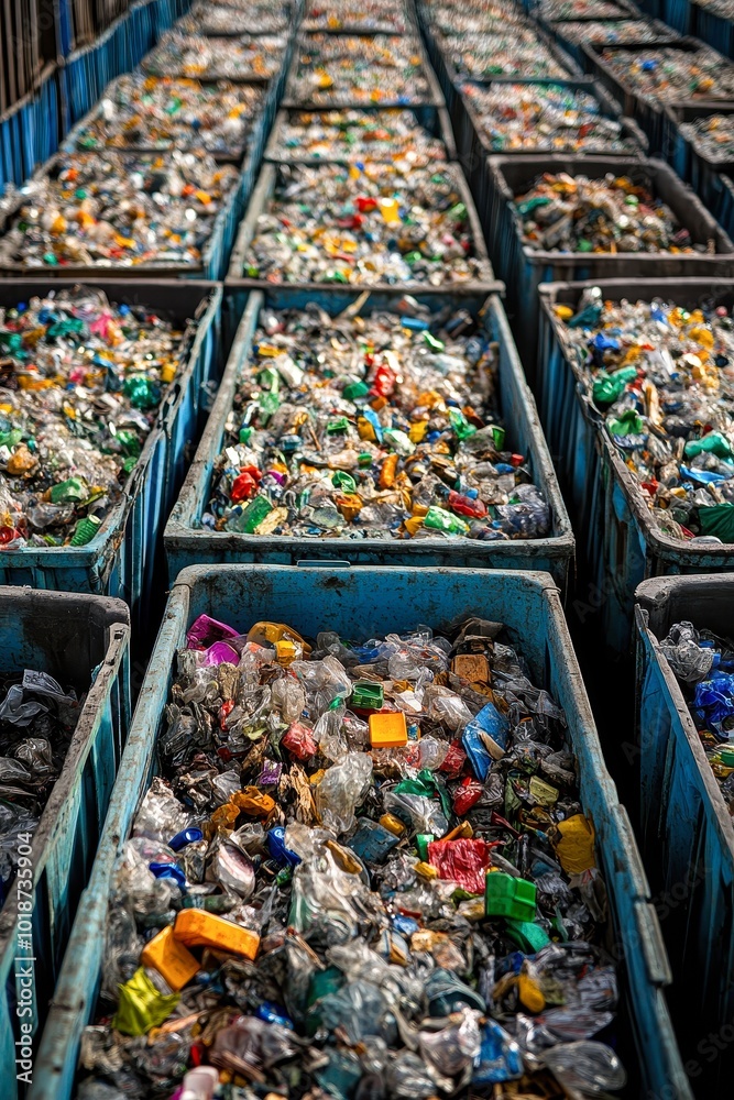 A view of large recycling bins filled with assorted plastic waste ...
