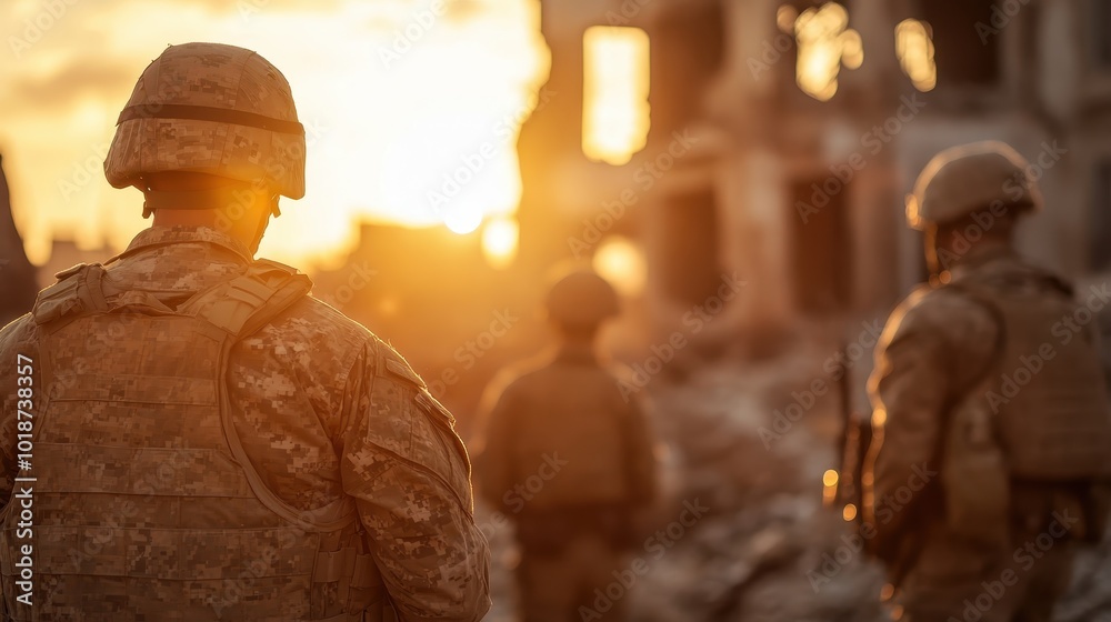 The backs of soldiers in military attire approach the destroyed ...