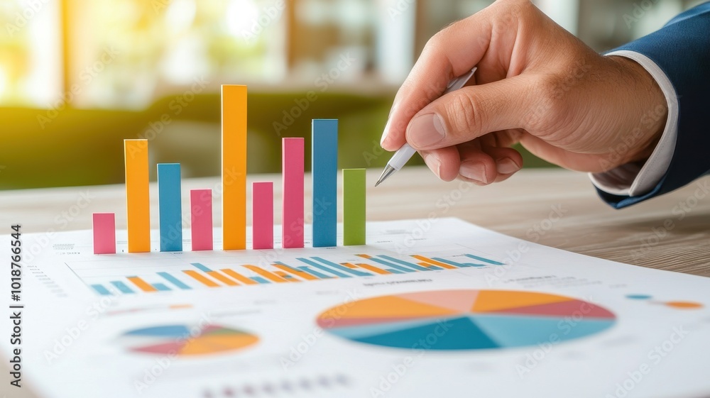 Hand analyzing colorful charts and graphs on a desk with modern office ...